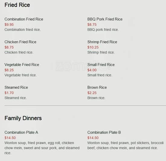 Menu at China Stix restaurant, Santa Clara