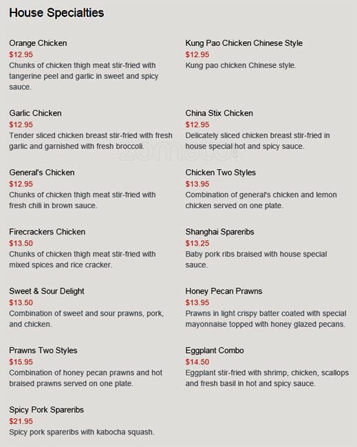 Menu at China Stix restaurant, Santa Clara