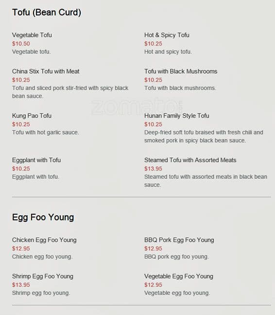 Menu at China Stix restaurant, Santa Clara