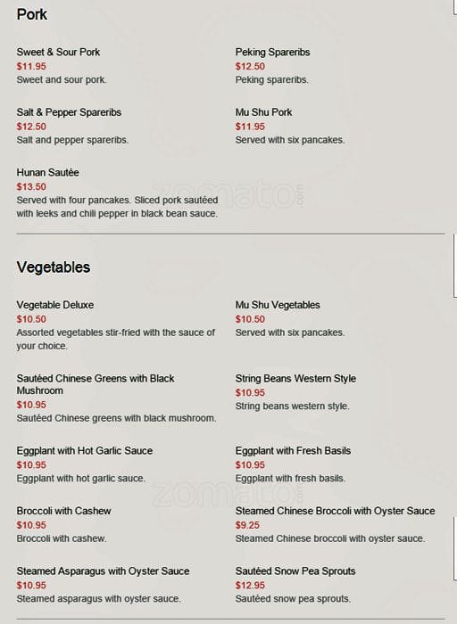 Menu at China Stix restaurant, Santa Clara