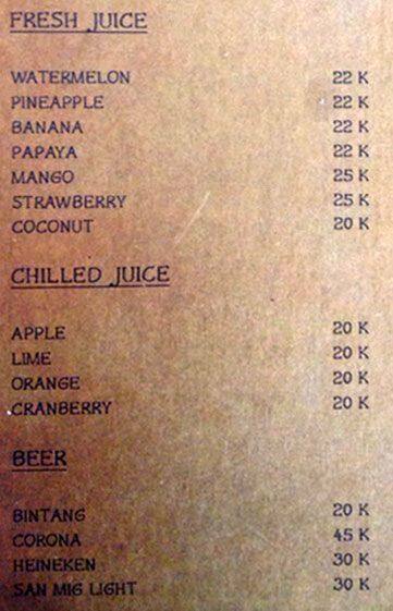 Carta del restaurante Belcibo Pasta Pizza Panini, South Kuta