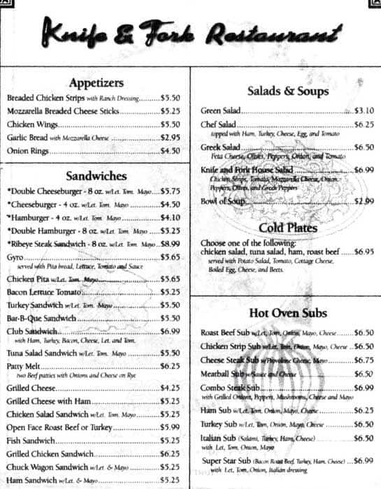 Menu at Knife & Fork Restaurant, Monroe
