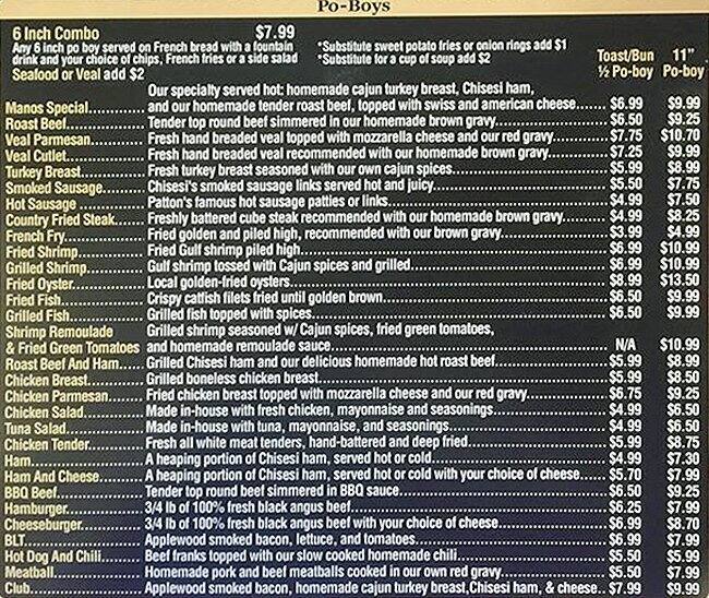 Menu at Mano's Po-Boys restaurant, Metairie