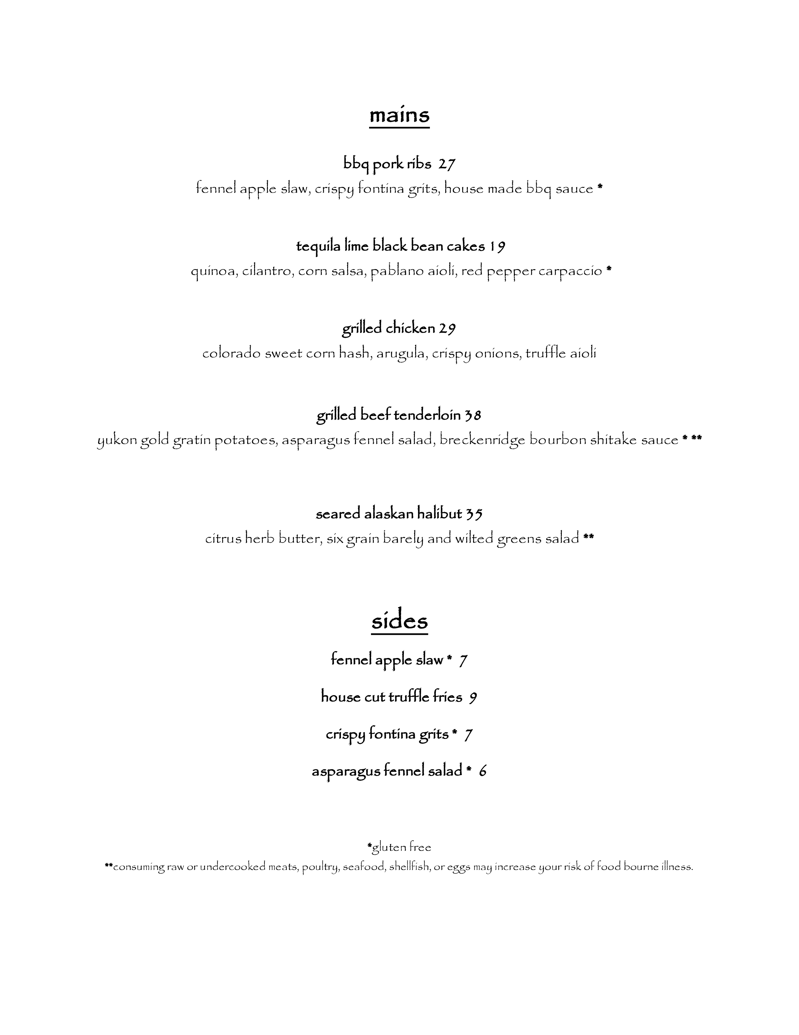 Menu at The Living Room restaurant, Breckenridge