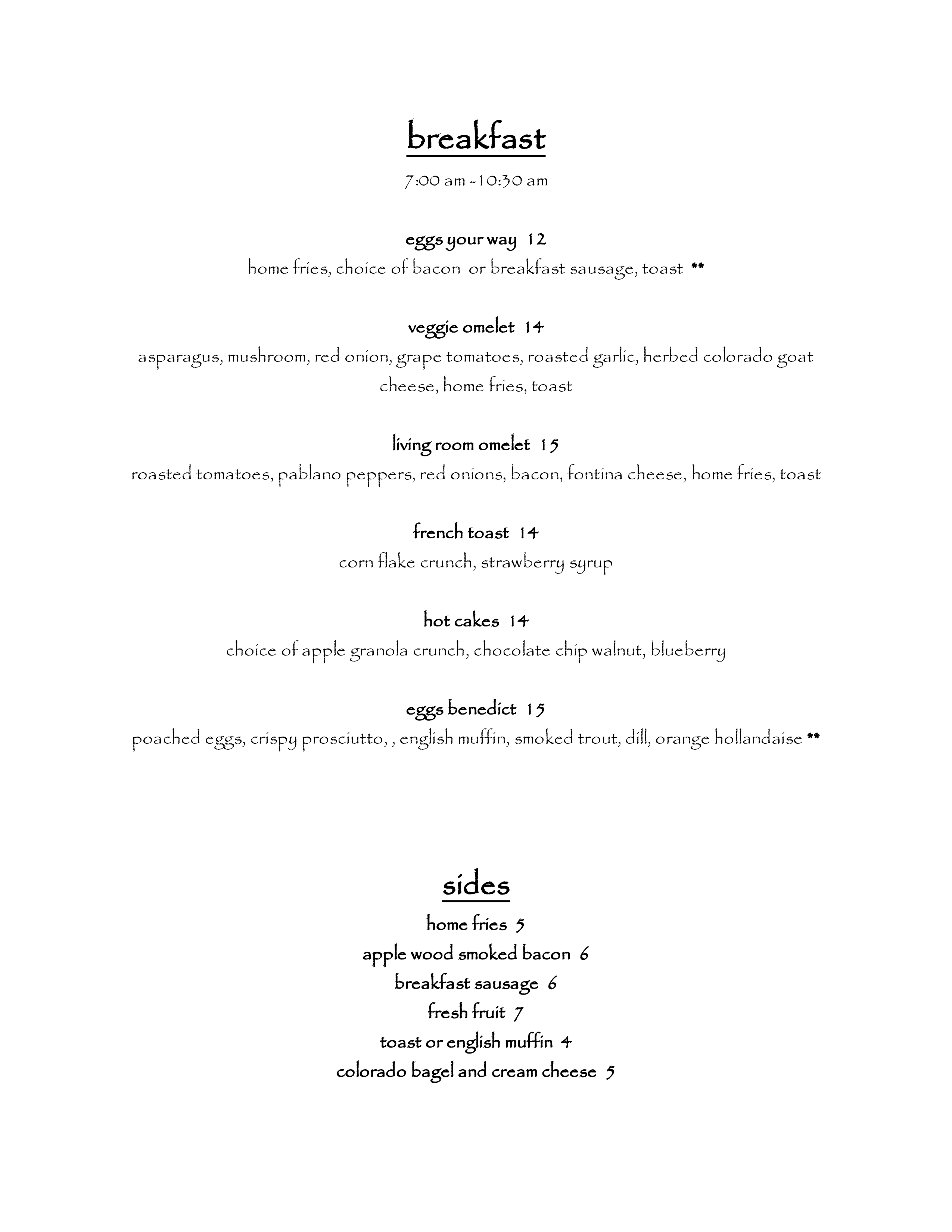 Menu at The Living Room restaurant, Breckenridge