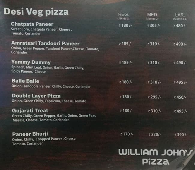 Menu at William John's Pizza, Ahmedabad, JBR ARCADE