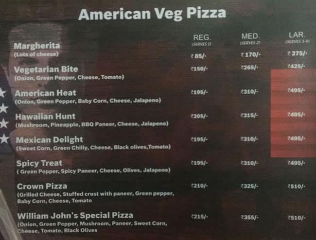 Menu at William John's Pizza, Ahmedabad, JBR ARCADE
