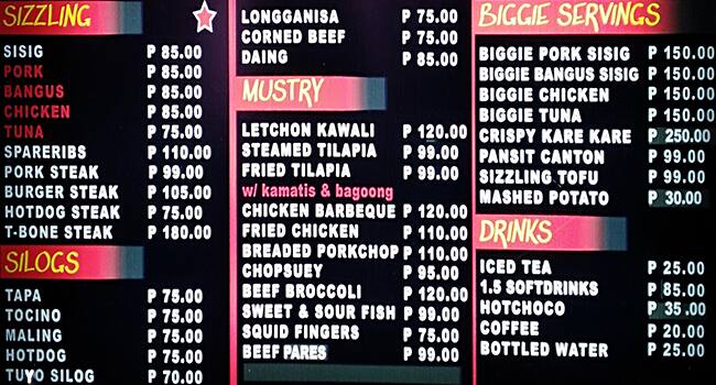 Menu at House of Sizzles restaurant, Quezon City