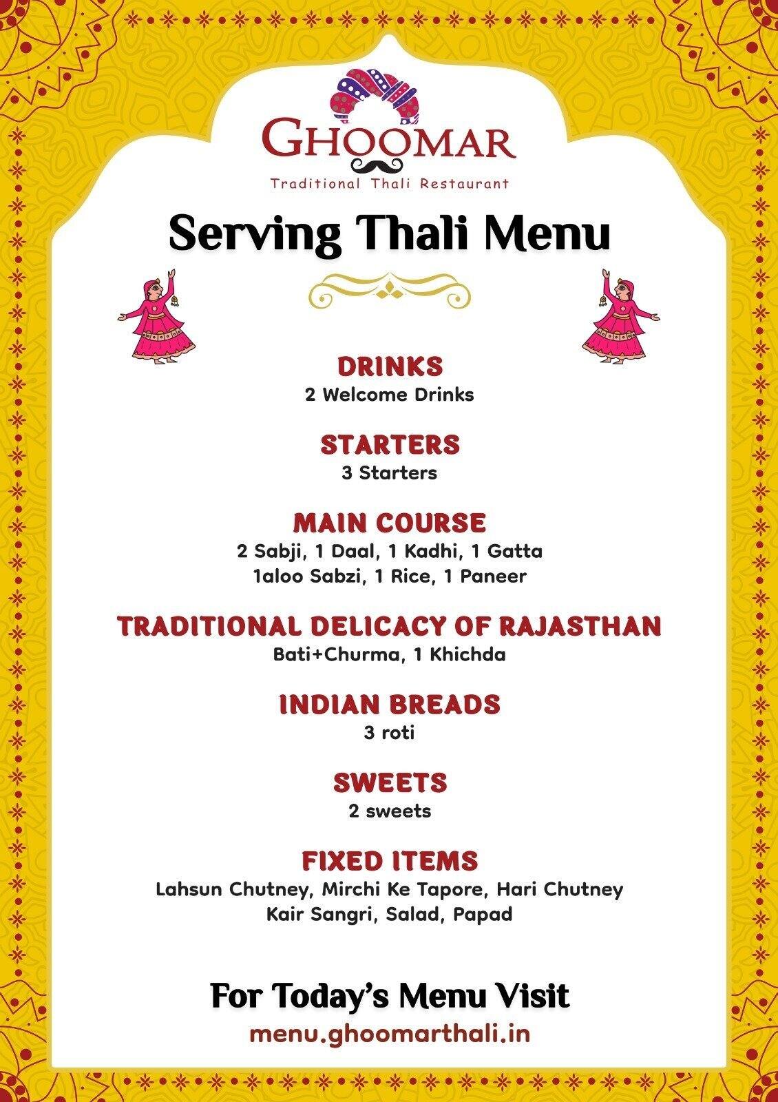 Menu of Ghoomar Traditional Thali Restaurant, Connaught Place, New Delhi