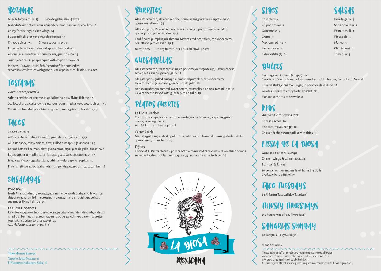 Menu at La Diosa Mexicana restaurant, Surfers Paradise