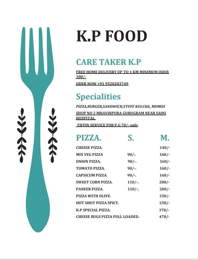 Menu of KP Food, Sector 12, Gurgaon