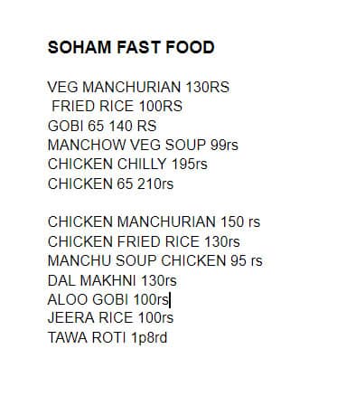 Menu of Soham Fast Food, Virar, Mumbai