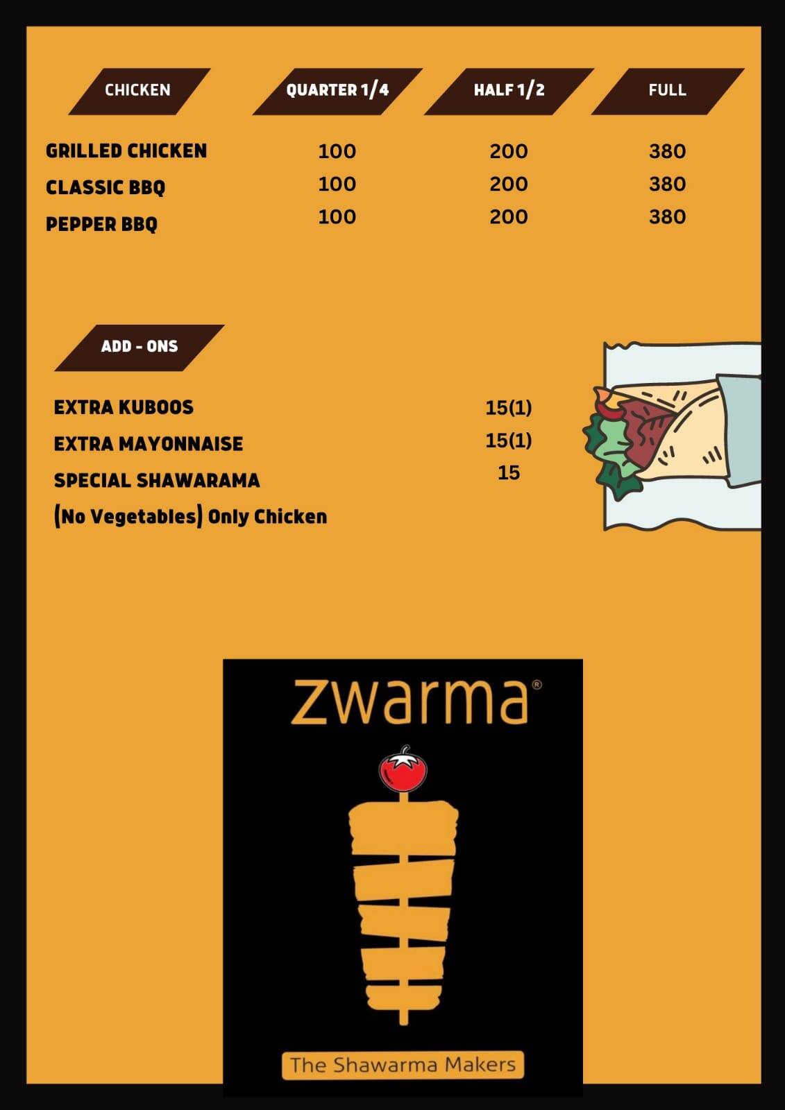 Menu of Zwarma Vanagaram, Maduravoyal, Chennai