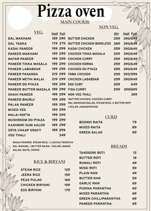 Menu of Pizza Oven, Safdarjung, New Delhi