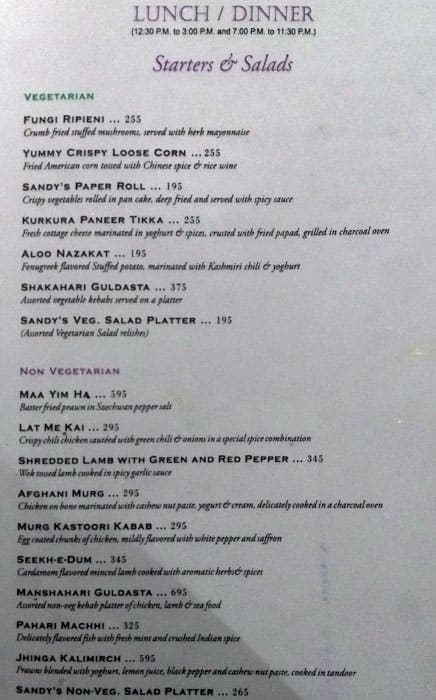 Menu at Hotel Sandy's Tower, Bhubaneswar