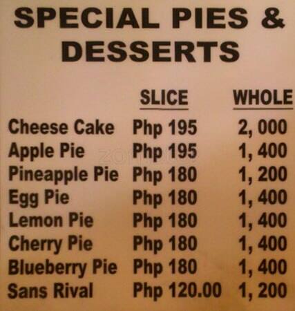 Carta de Hizon's Cakes & Pastries, Pasay