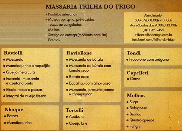 Menu at Trilha do Trigo restaurant, São Paulo