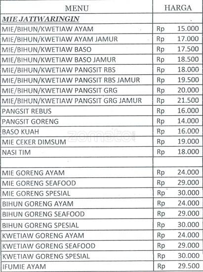 Carta del restaurante Bakmi Japos, Yakarta, Jl Jatiwaringin