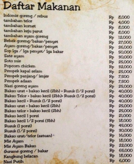 Menu at Warung Makan Kak Lin restaurant, West Jakarta