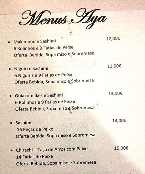 Menu at AYA Sushi Restaurant, Lisbon, R. de Campolide 351D