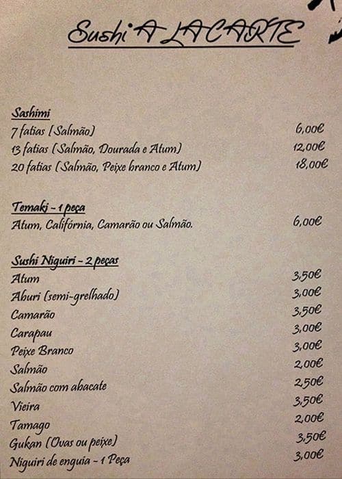 Menu at AYA Sushi Restaurant, Lisbon, R. de Campolide 351D