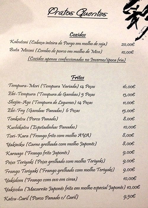 Menu at AYA Sushi Restaurant, Lisbon, R. de Campolide 351D