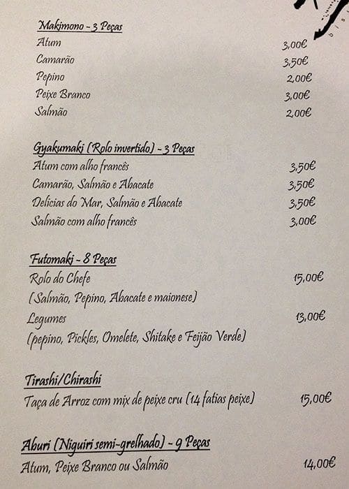 Menu at AYA Sushi Restaurant, Lisbon, R. de Campolide 351D