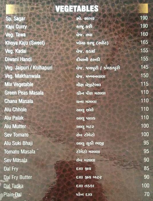 Menu at Hotel Sagar, Ahmedabad, Opp