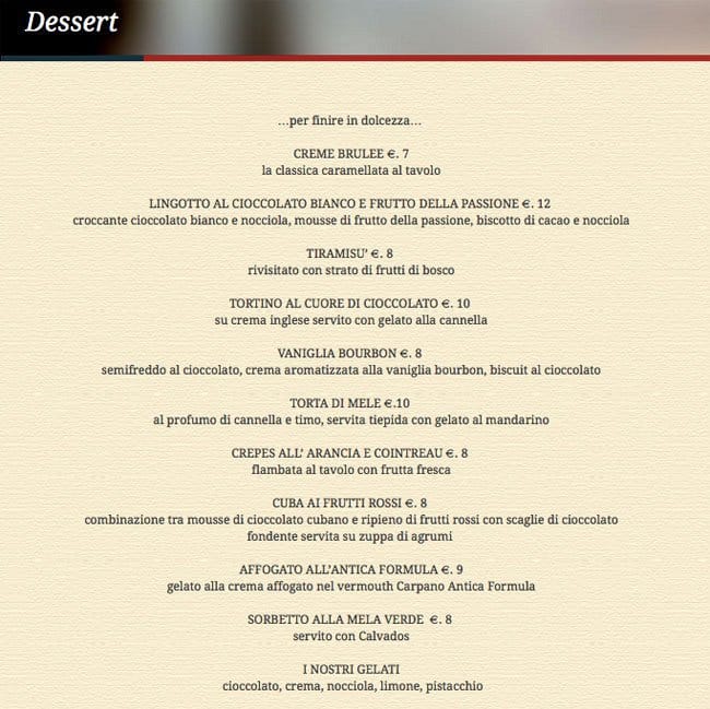 Menu at Botinero restaurant, Milan