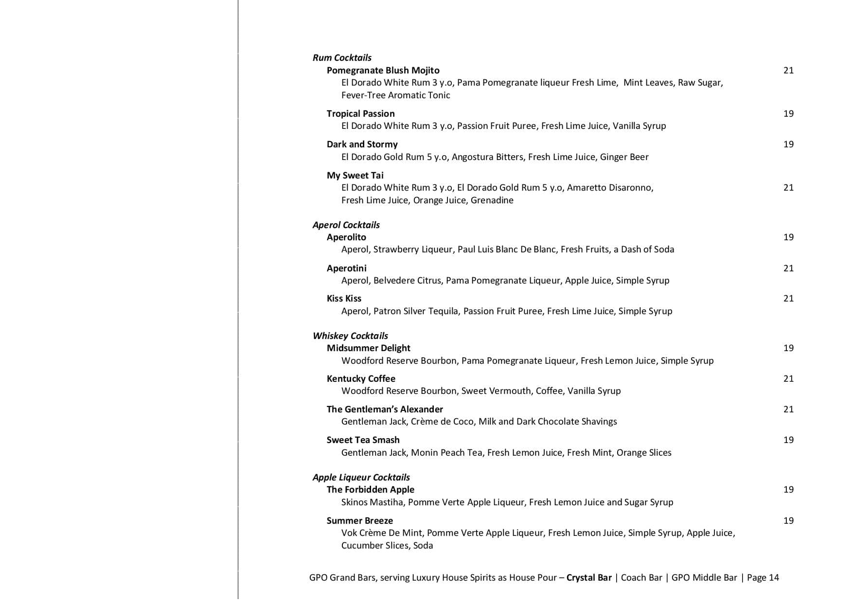 Menu at Crystal Bar, Sydney