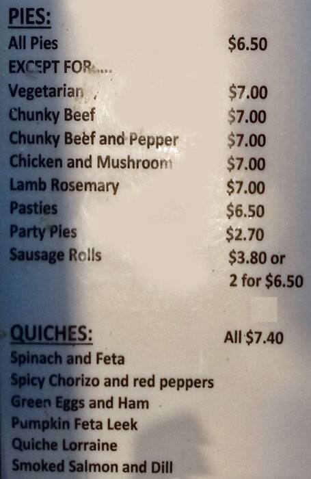 Menu at The Village Bakery, Brunswick West
