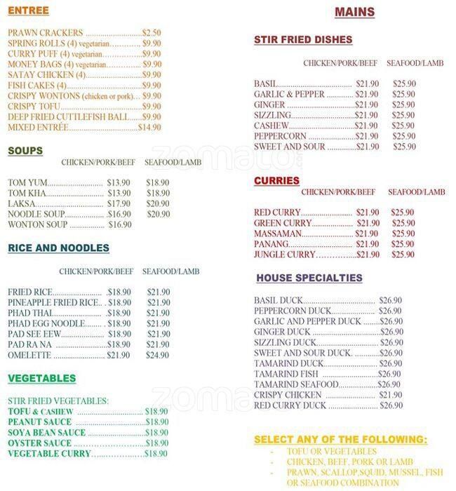 Menu at Thai Tamarind restaurant, Margaret River