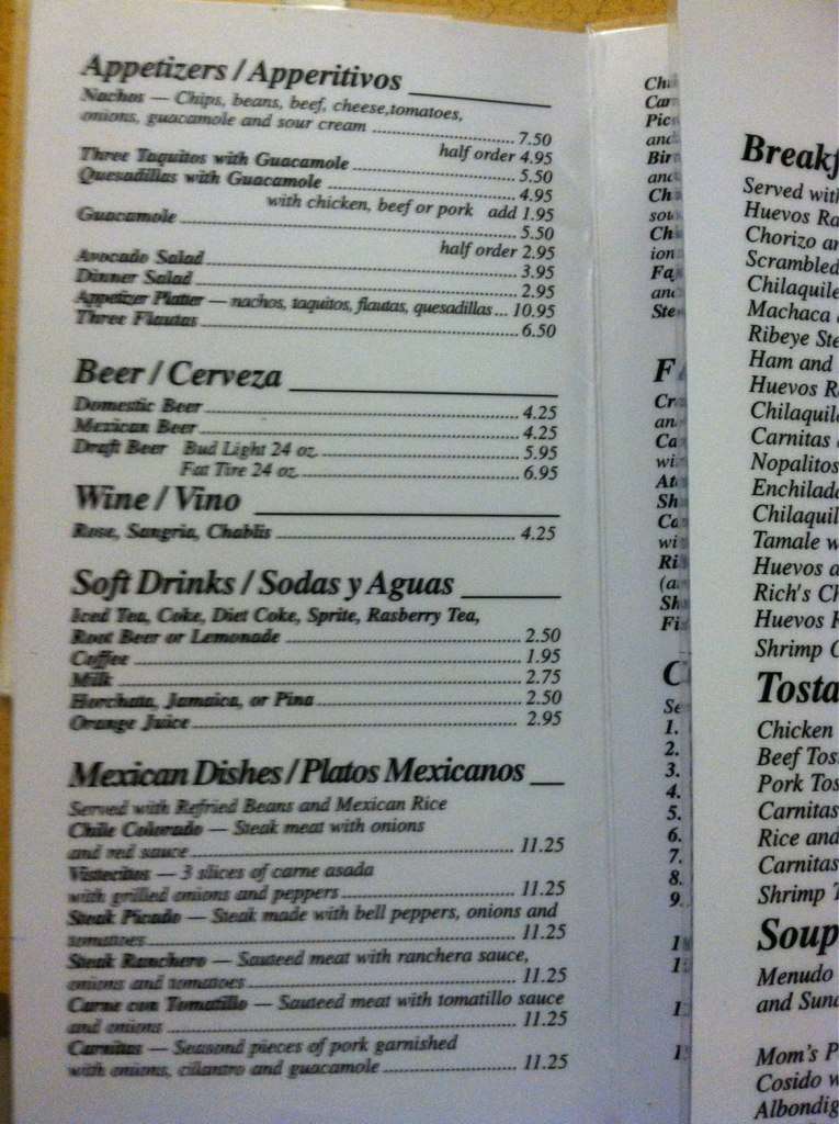 Menu at Chiquita Bonita restaurant, Pasadena