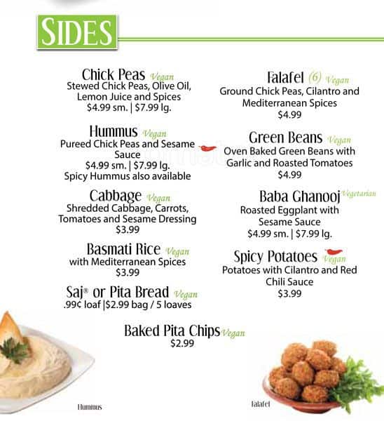 Menu at Saj Mediterranean Grill restaurant, Centennial, S York St