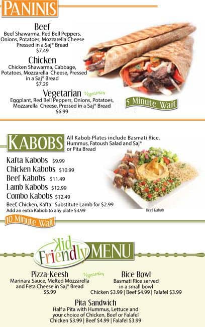 Menu at Saj Mediterranean Grill restaurant, Centennial, S York St