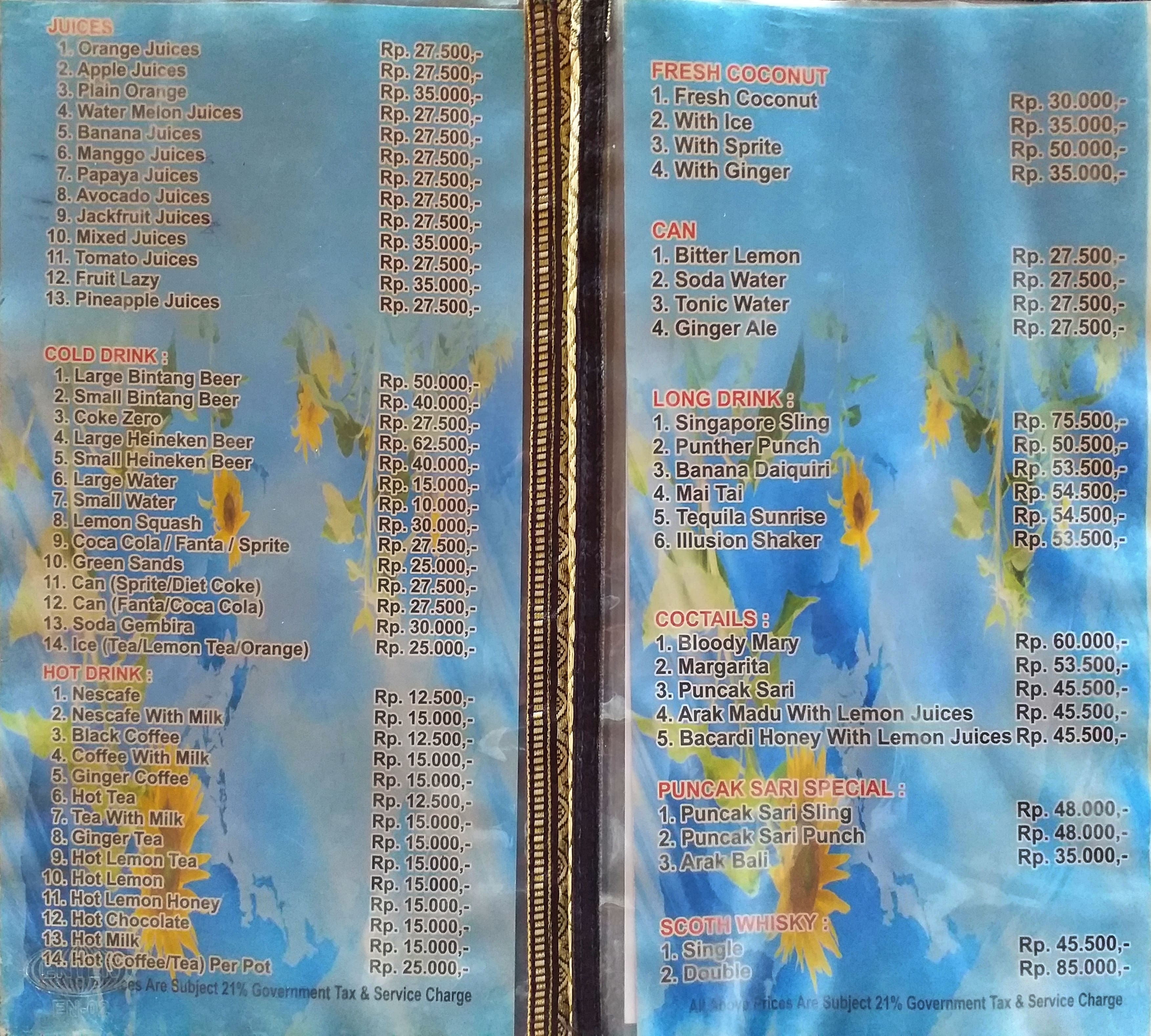 Menu at Grand Puncak Sari Restaurant, Kintamani, JL. Raya Penelokan