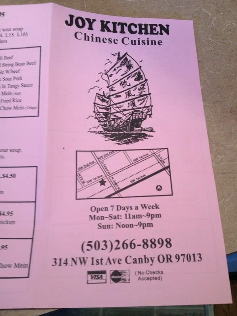 Menu at Joy Kitchen restaurant, Canby, 314 NW 1st Ave