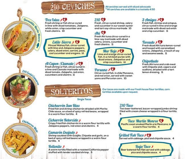 Menu at 210 Ceviche restaurant, San Antonio