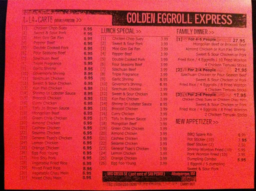 Menu at Golden Eggroll Express restaurant, Albuquerque