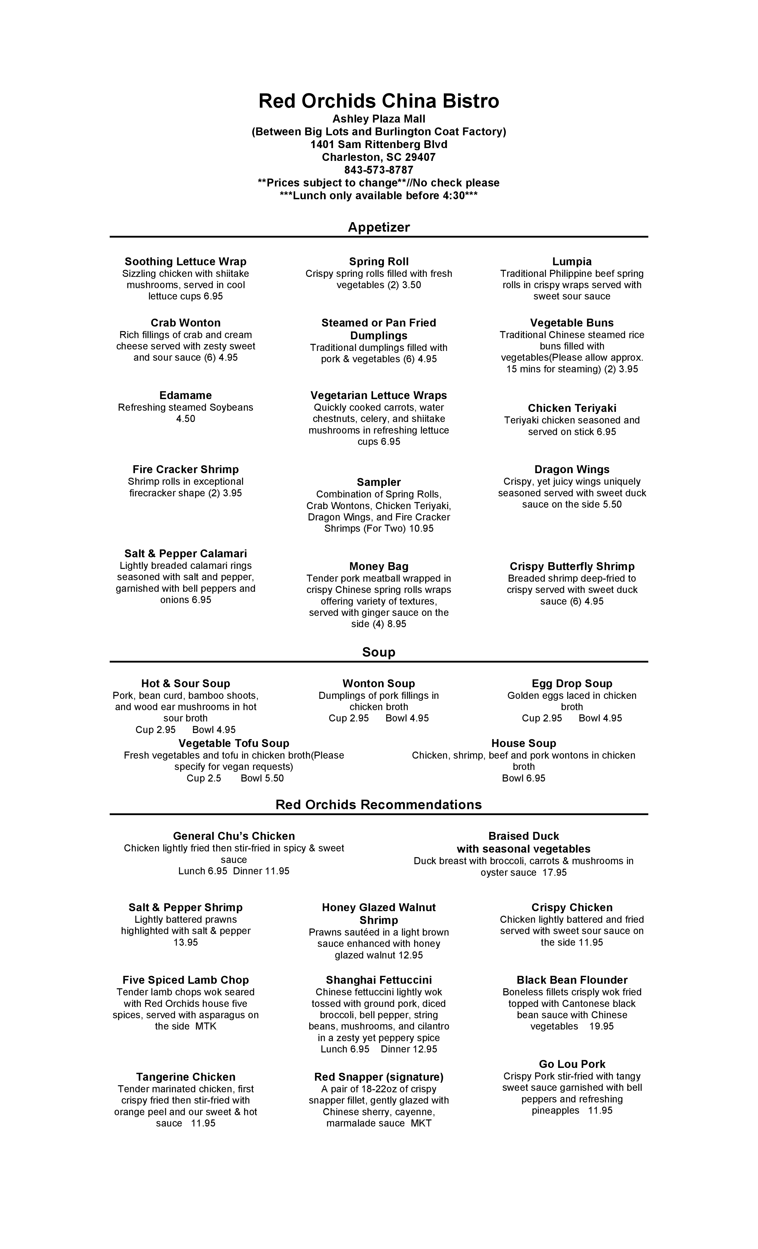 Menu at Red Orchids China Bistro restaurant, Charleston