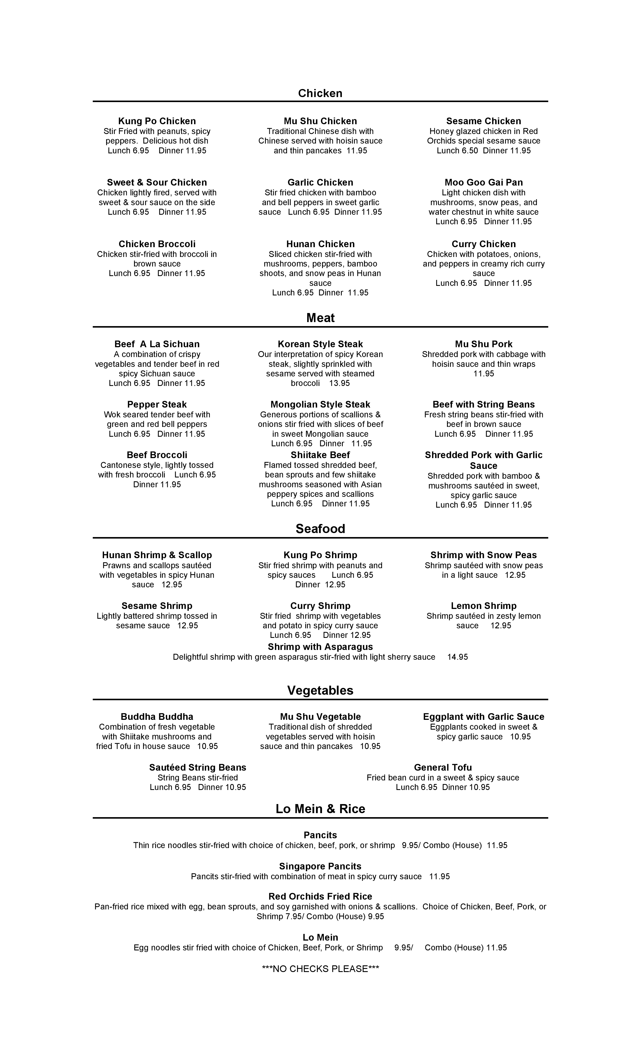 Menu at Red Orchids China Bistro restaurant, Charleston