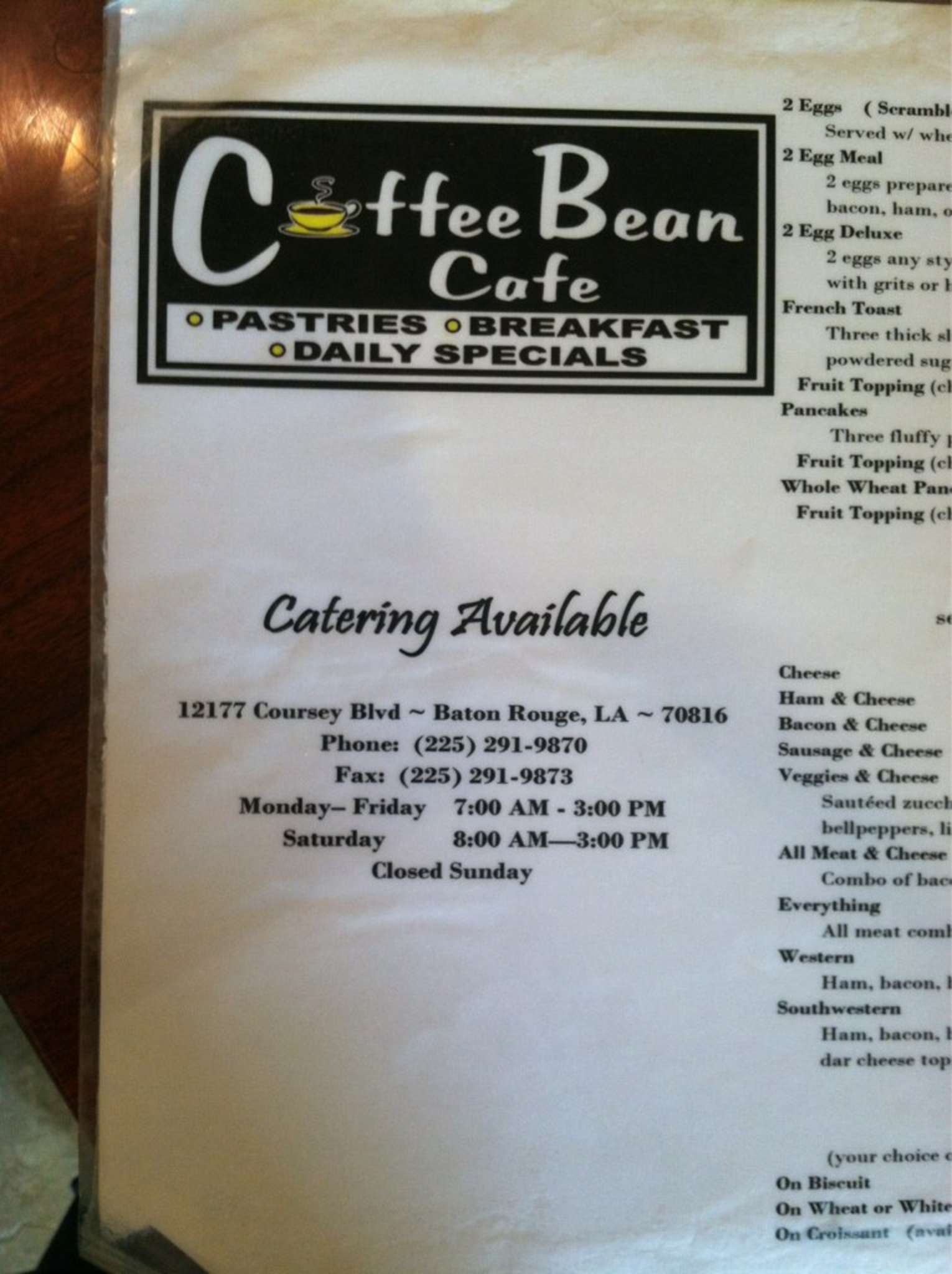 Carta de Coffee Bean Cafe, Baton Rouge, Coursey Blvd