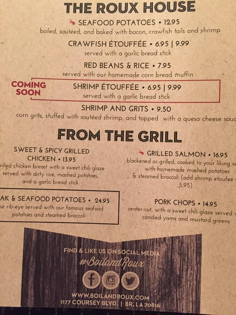 Menu at Boil & Roux restaurant, Baton Rouge, Coursey Blvd