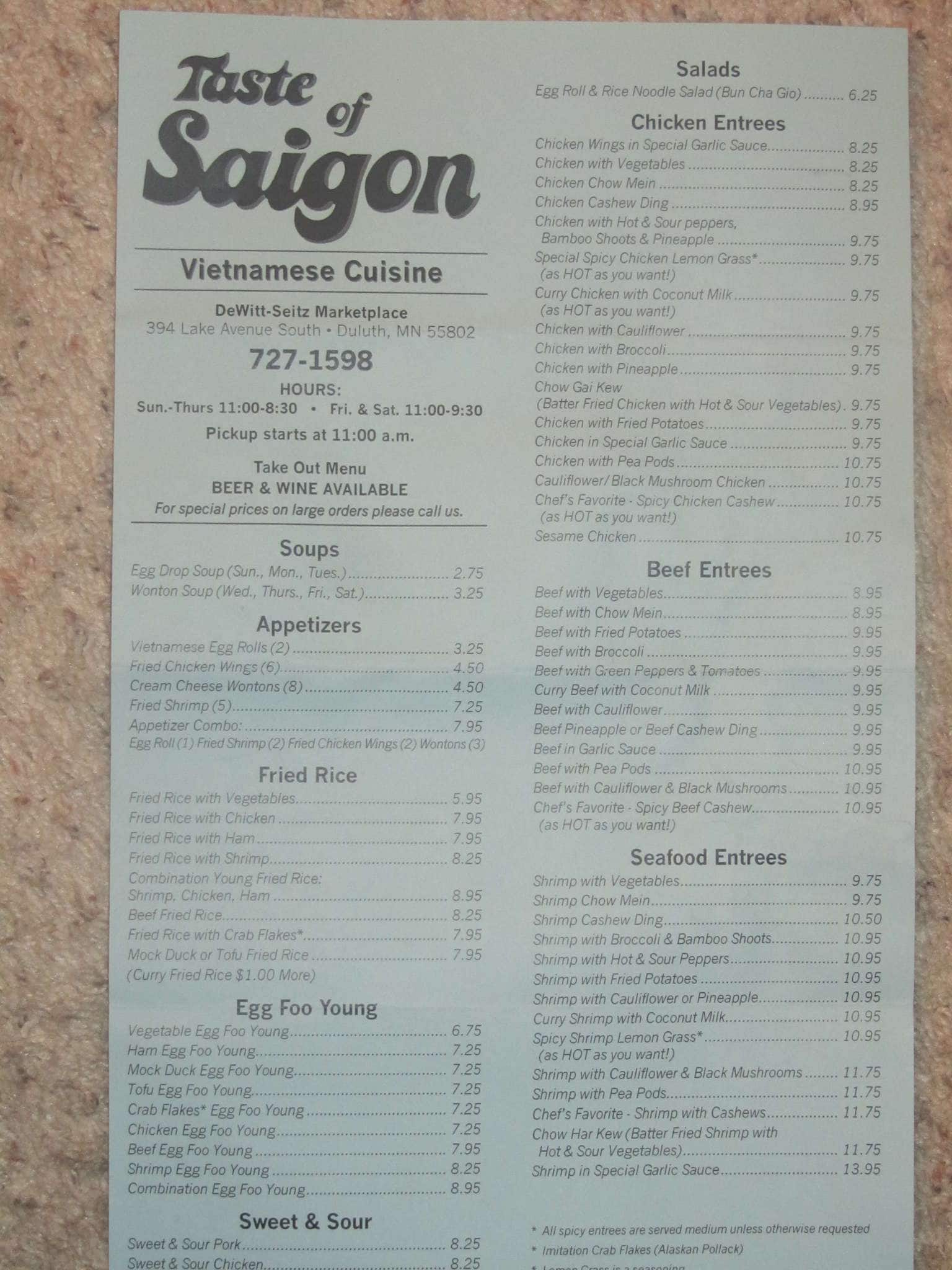 Menu at Taste of Saigon restaurant, Duluth, 394 S Lake Ave #105