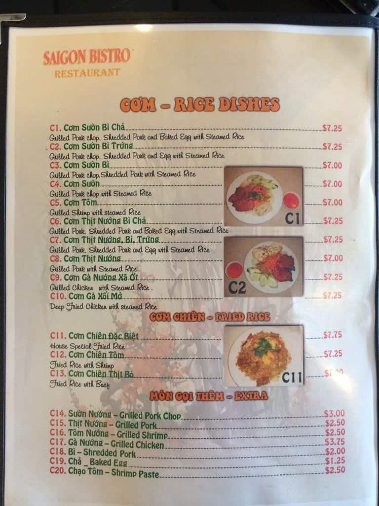 Menu at Saigon Bistro restaurant, Wichita, E Pawnee St
