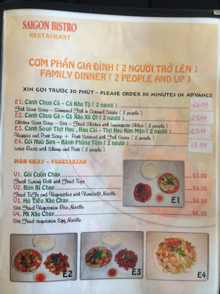 Menu at Saigon Bistro restaurant, Wichita, E Pawnee St