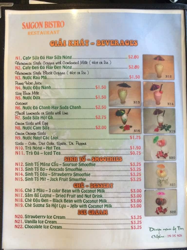 Menu at Saigon Bistro restaurant, Wichita, E Pawnee St