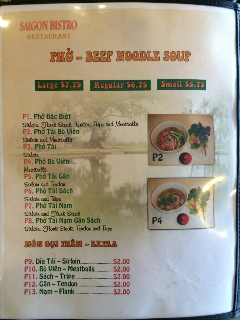 Menu at Saigon Bistro restaurant, Wichita, E Pawnee St