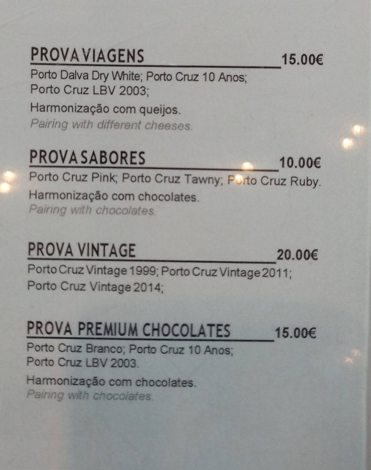 Menu at Sala de Provas pub & bar, Porto
