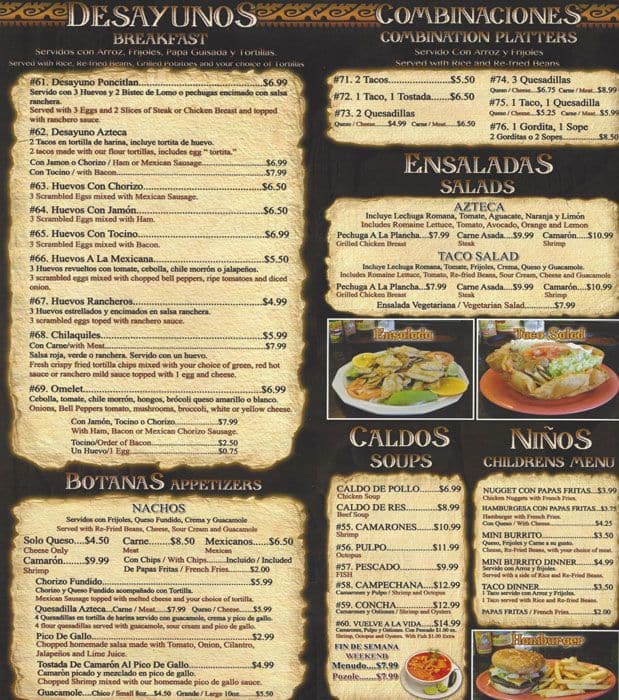 Menu at El Azteca restaurant, Chicago, W Fullerton Ave